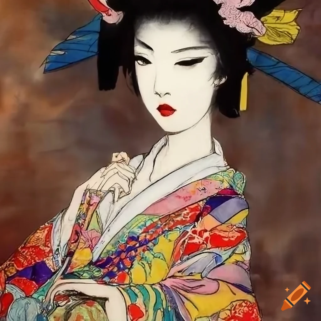 Kabuki-style costumes covered in red paint on the floor on Craiyon