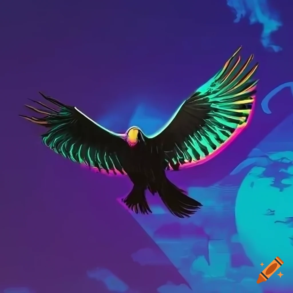 Cyberpunk black condor logo in 80s themed sky on Craiyon