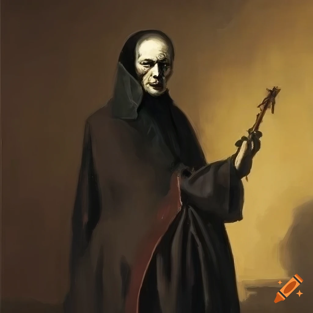 Dark painting of a priest in 1700s clothing standing on Craiyon