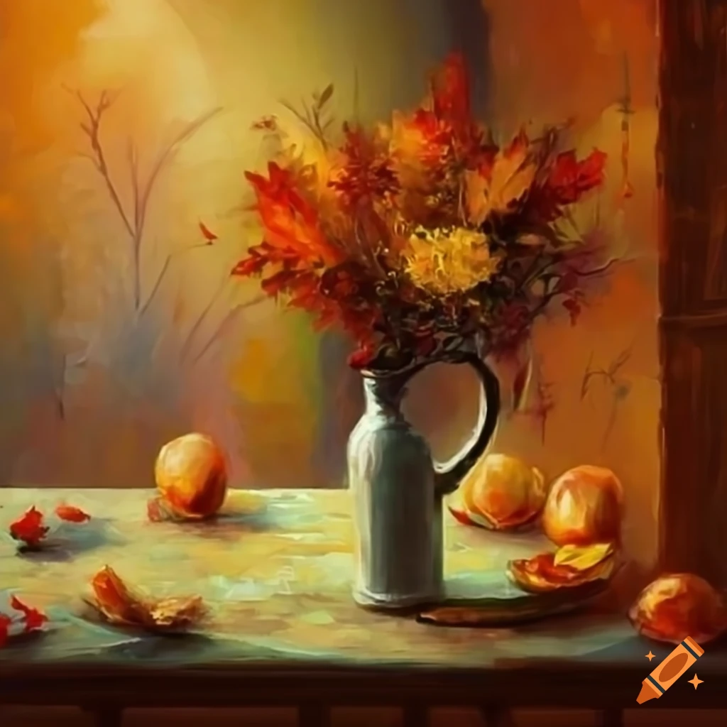 Autumn-themed oil painting of flowers on a table on Craiyon