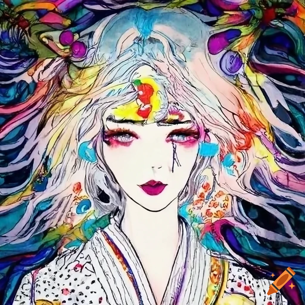 Colorful manga sketch of a Japanese woman in white on Craiyon