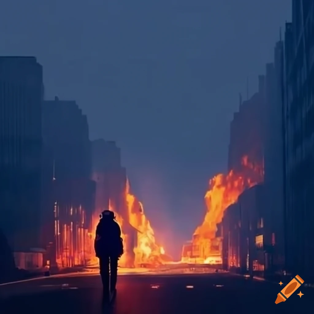 Image of a burning city seen from a highway
