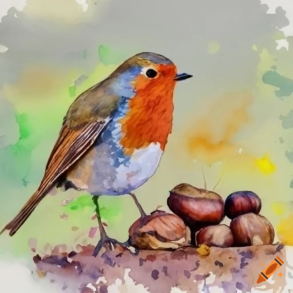 Vibrant watercolor of a robin on autumn landscape