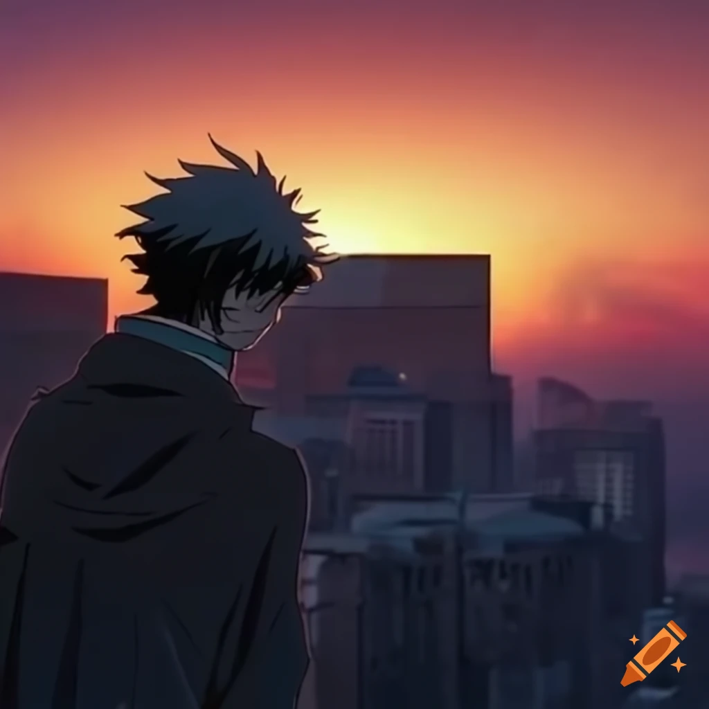Jujutsu kaisen character standing on rooftop at sunrise