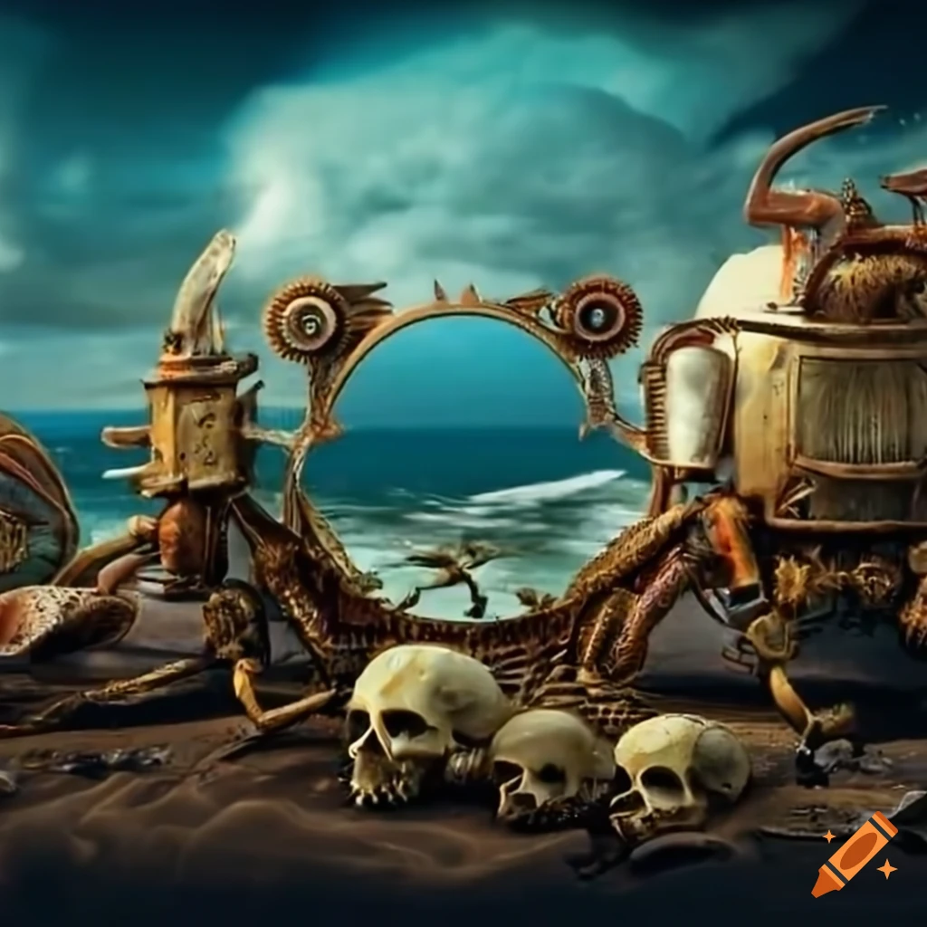 Surreal steampunk artwork with crab-like machines on the beach on Craiyon