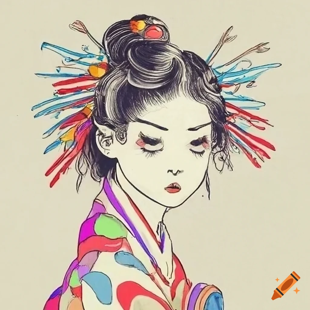 Colorful manga sketch of a Japanese woman in white on Craiyon