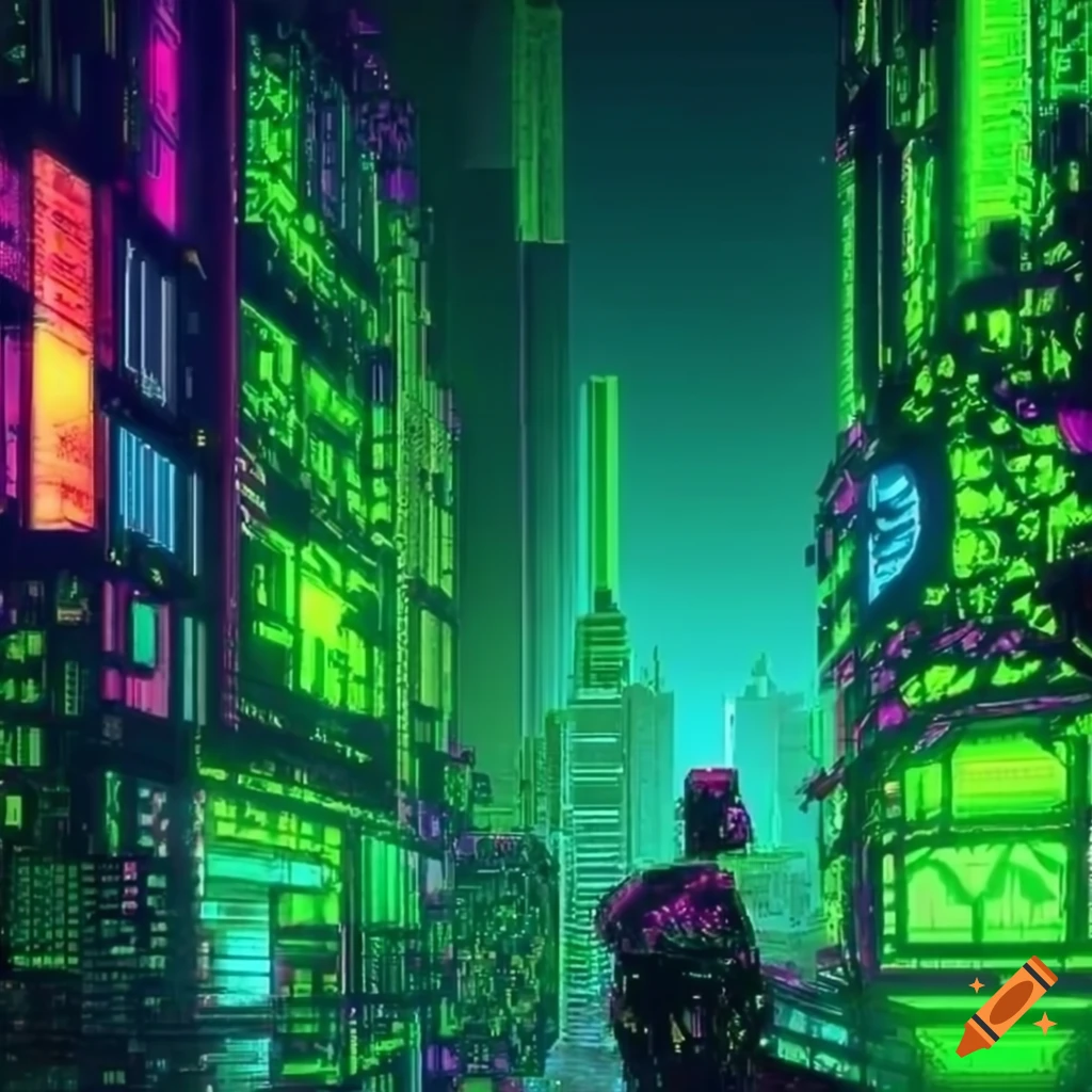 Glitching cyberpunk sunset with fractal green patterns