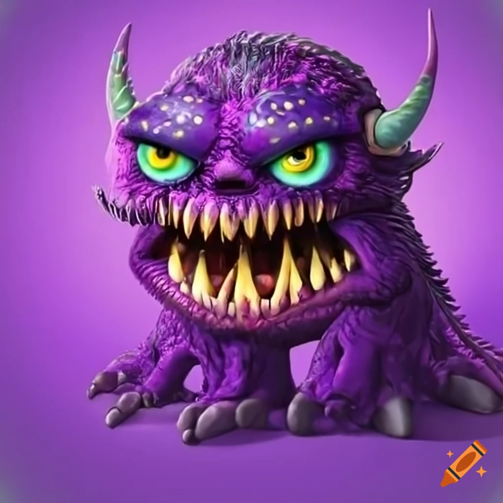 Character artwork of a purple monster with multiple eyes and one large arm