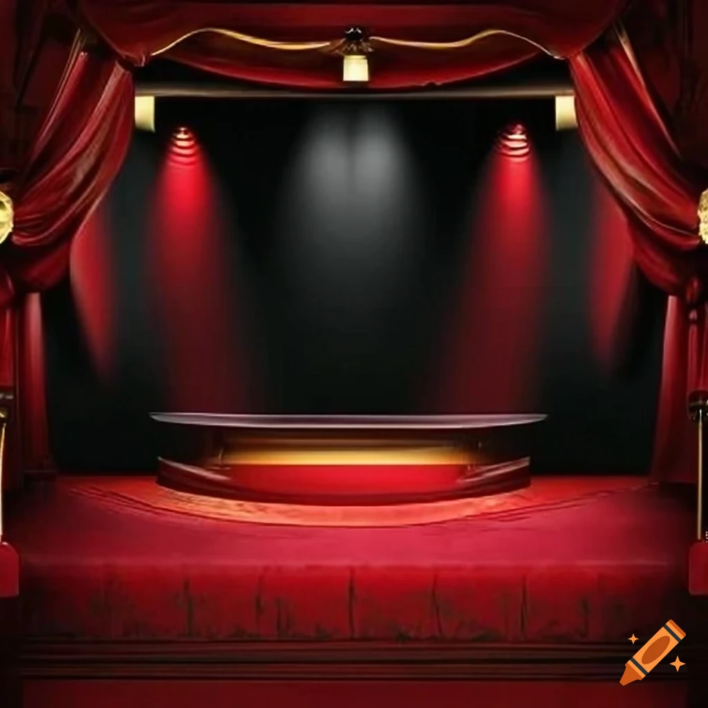 Photograph of a realistic jazz stage in red, black, and golden tones on ...