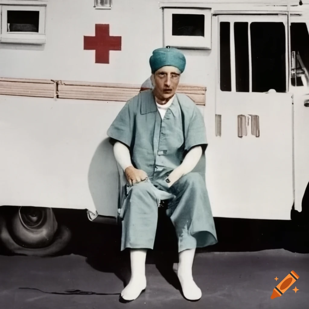 1940s male doctor in surgical scrubs in the back of an ambulance on Craiyon