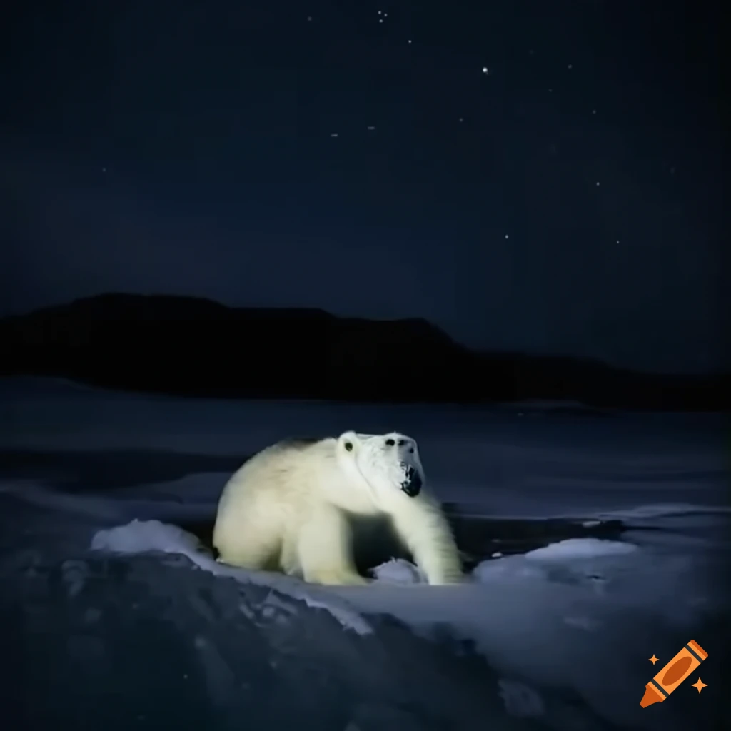 Dark image of a distorted polar bear in a snowy landscape on Craiyon