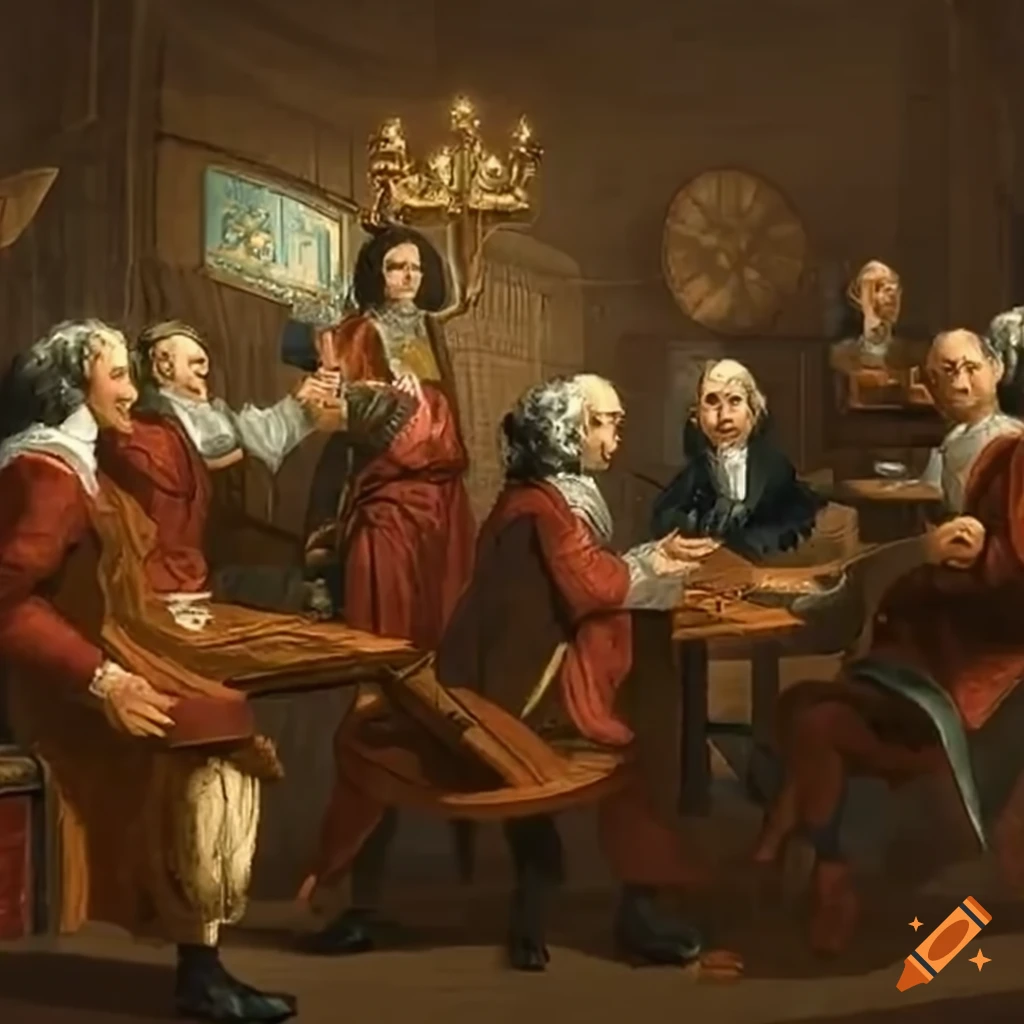 Dramatic painting of 17th century british diplomats and scientific ...