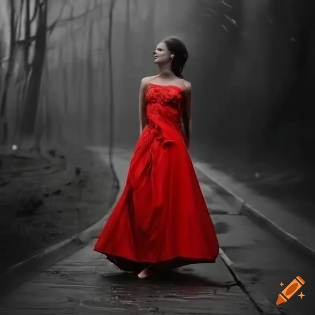 Woman in red dress standing in the rain