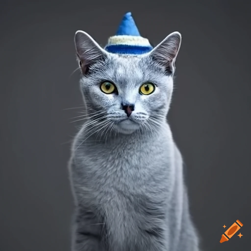 Imagen de un gato azul con un sombrero blanco on Craiyon