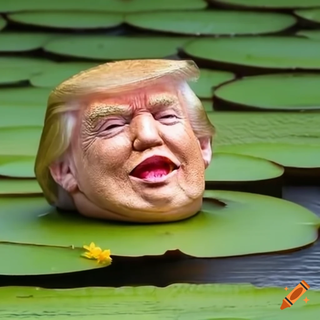 Funny frog with donald trump face on a lily pad on Craiyon
