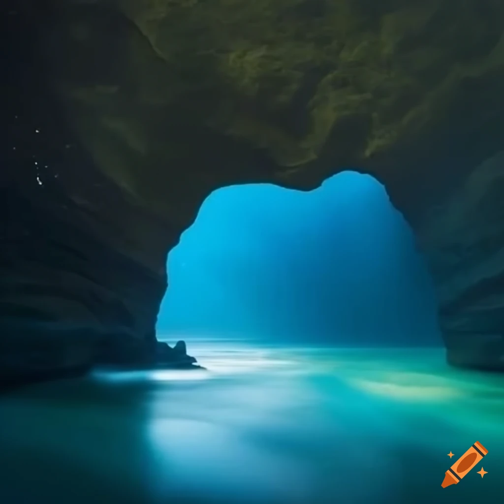 River flowing under a rock arch into the ocean on Craiyon