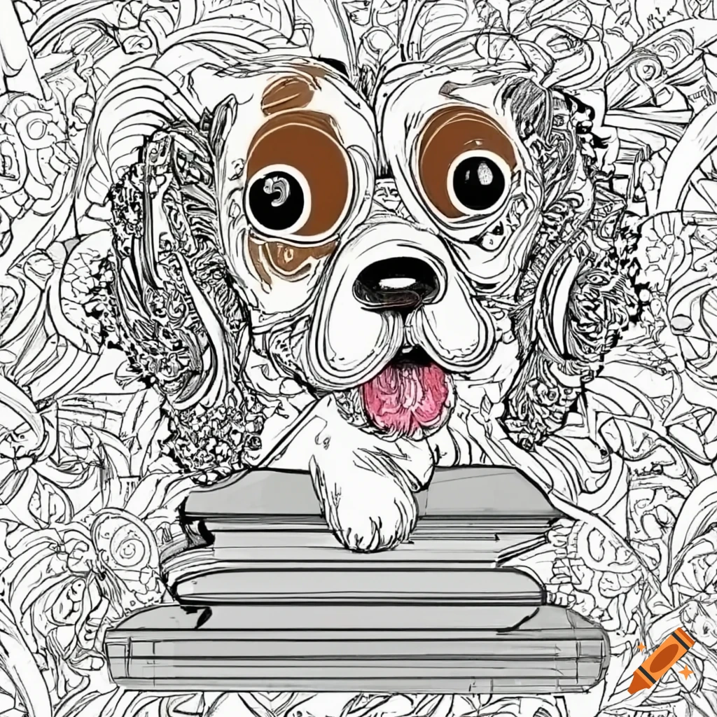 Coloring Book Style Illustration Of A Brittany Spaniel In A Library On