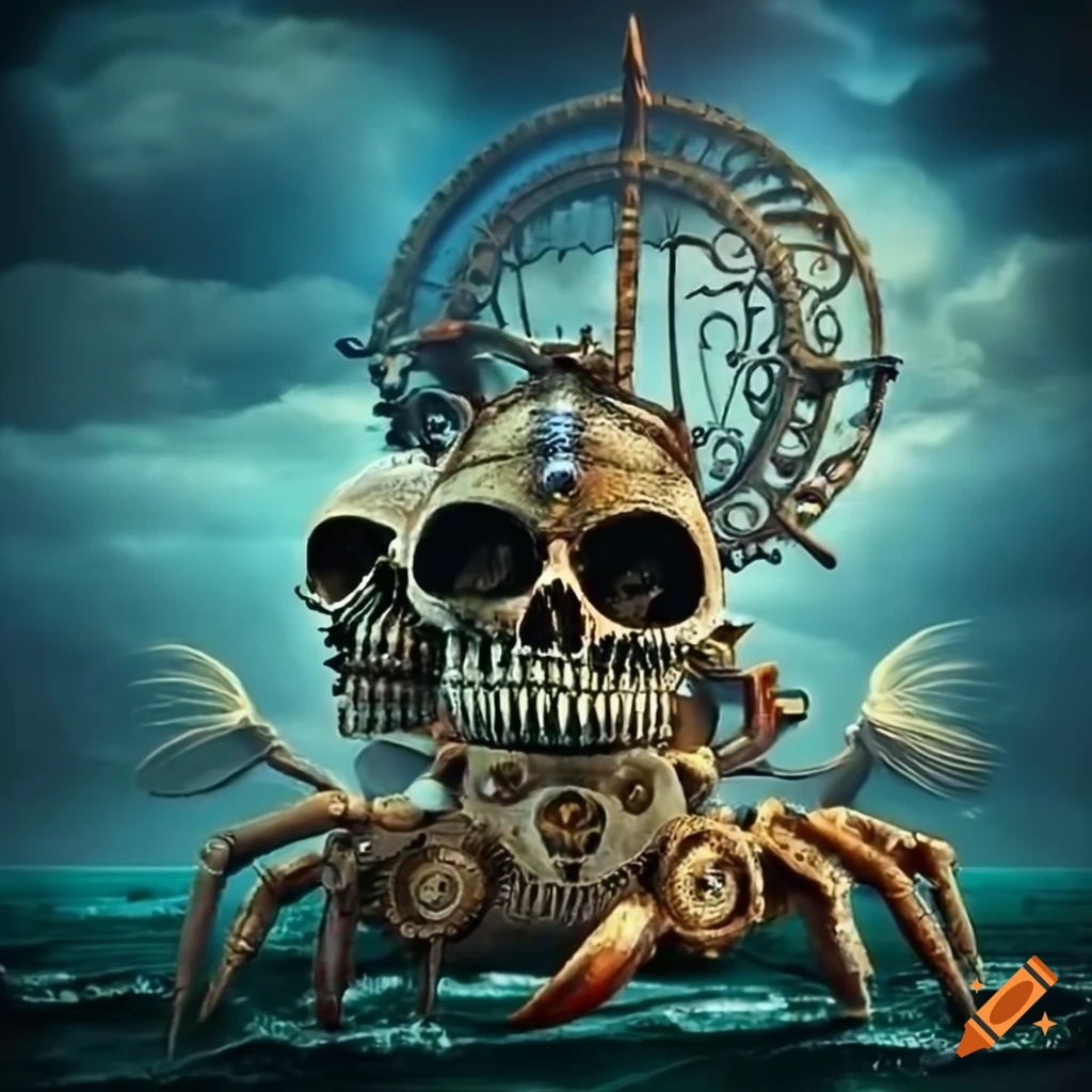 Surreal steampunk crab machines on the beach