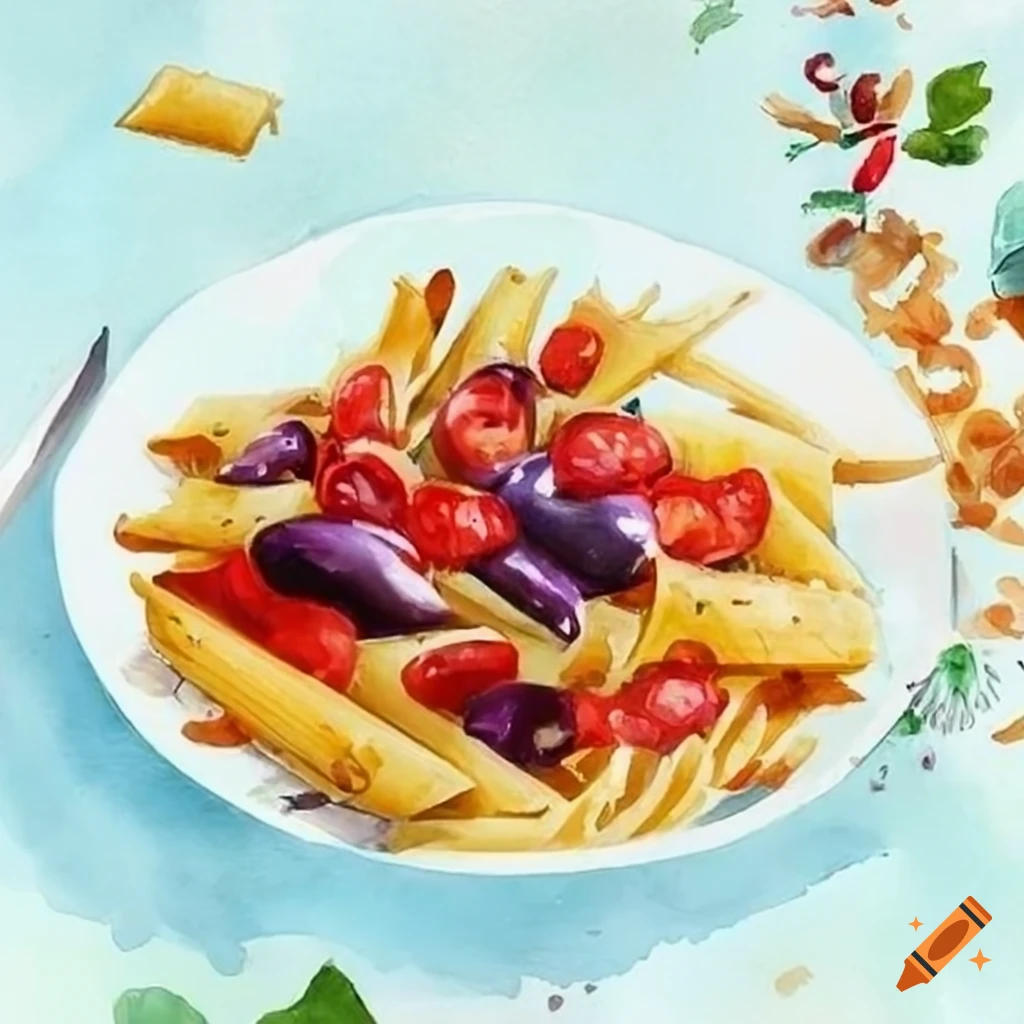 Watercolor painting of hot pepper and eggplant penne pasta on Craiyon