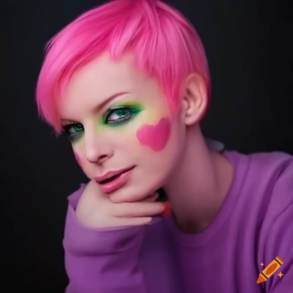 Futuristic android-inspired character with pink hair and green eyes on ...