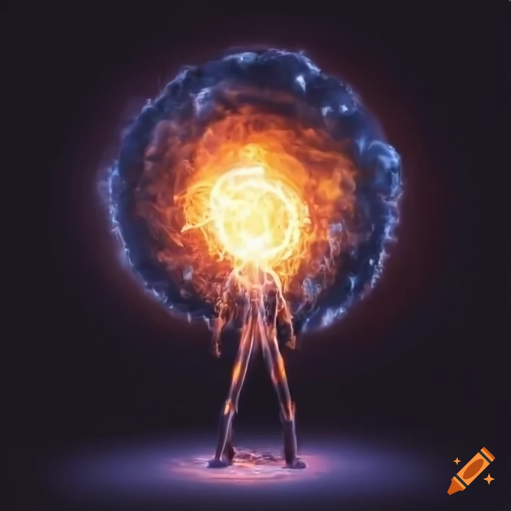 Artistic depiction of fire and thunder emerging from a cracked golden ...