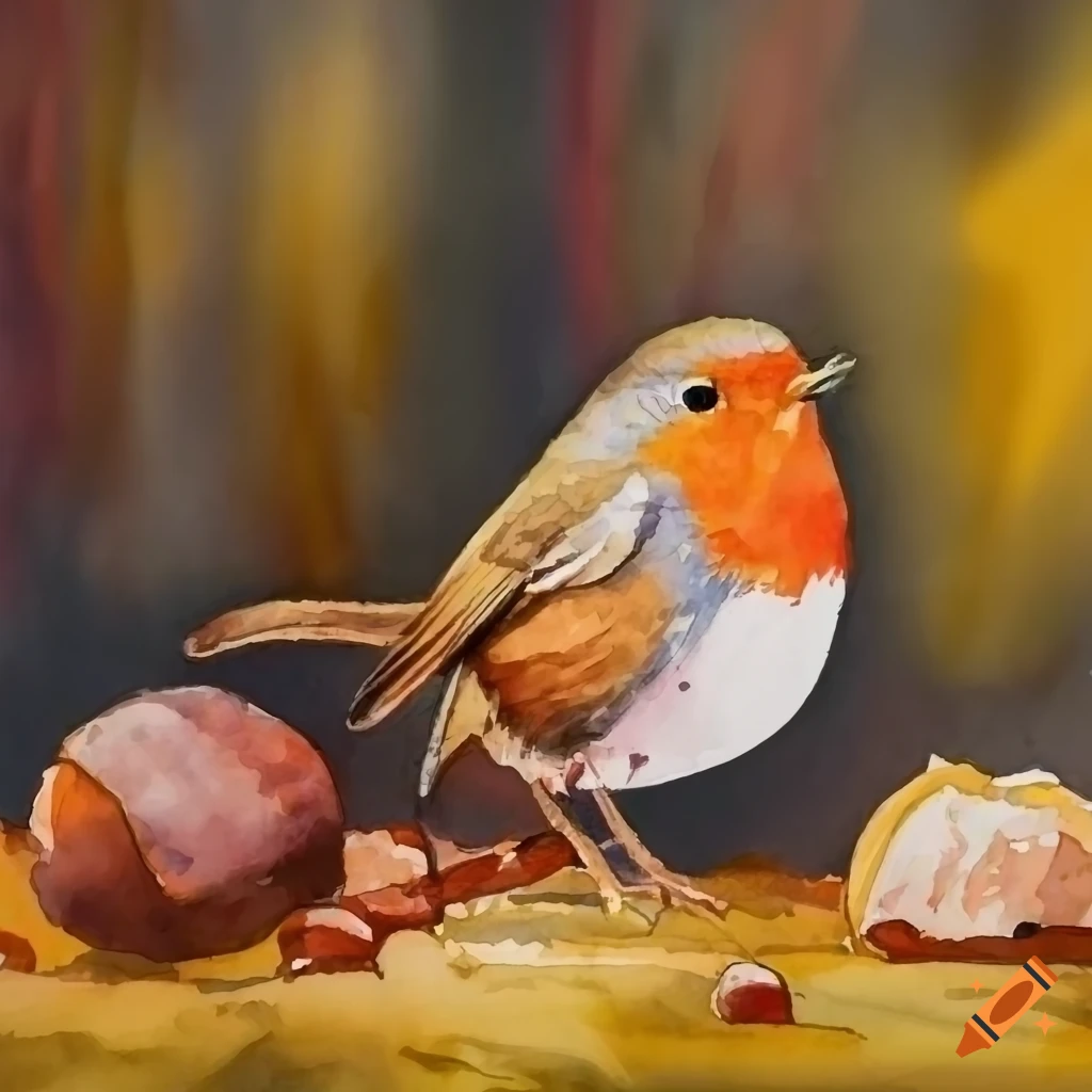 Vibrant watercolor of a robin on autumn landscape