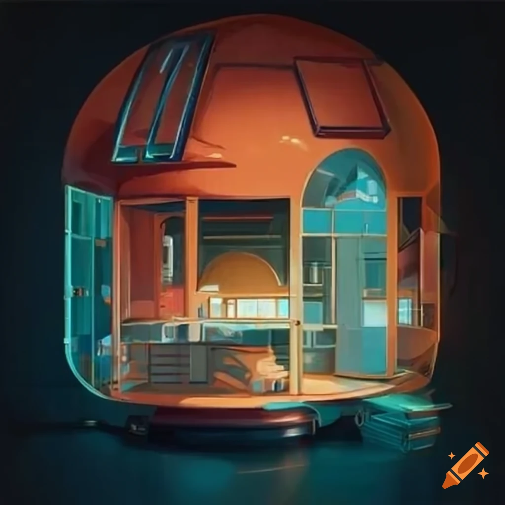 Technical drawing of a retro-futuristic living pod barracks on Craiyon