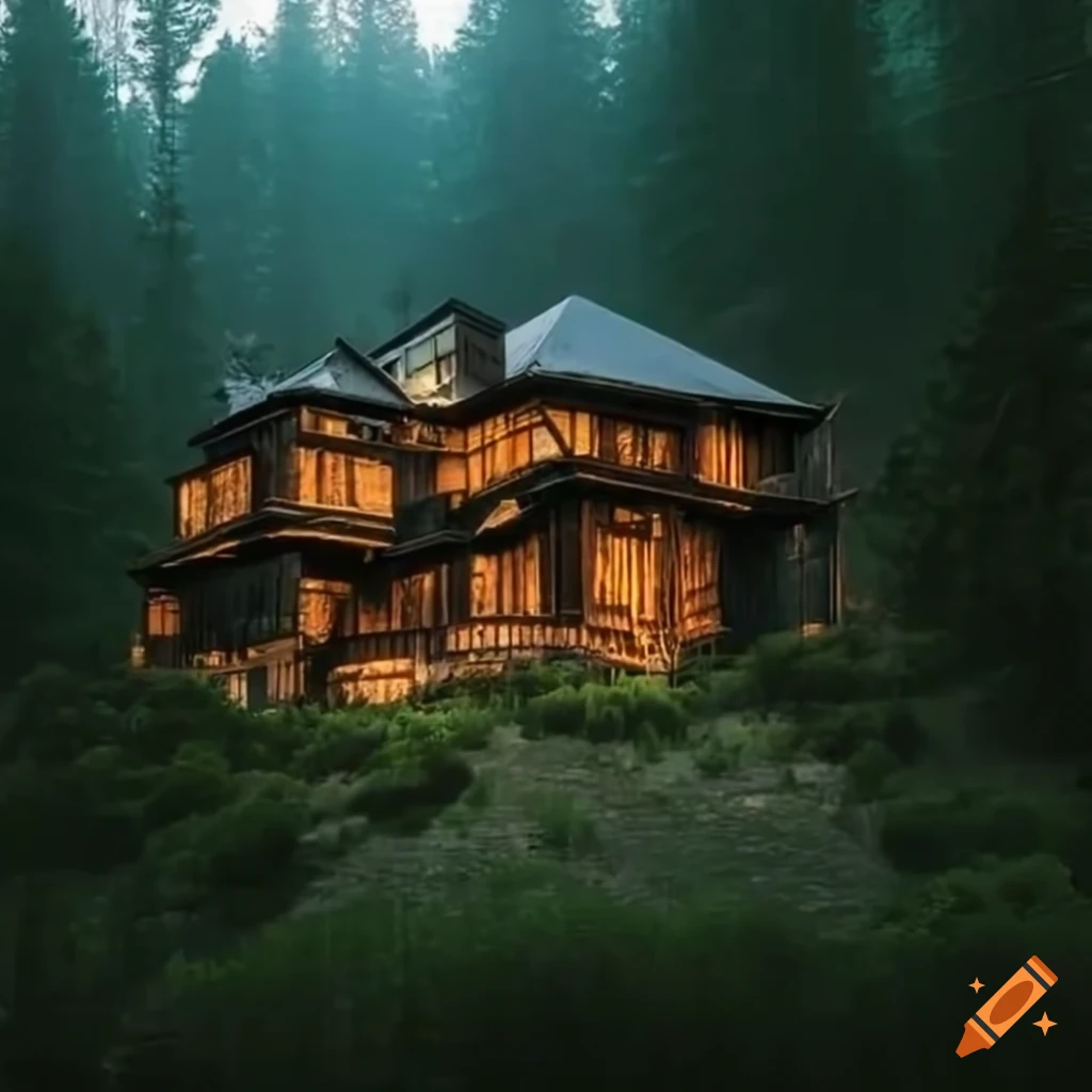 Image of a magical wooden mansion in a secluded forest on Craiyon