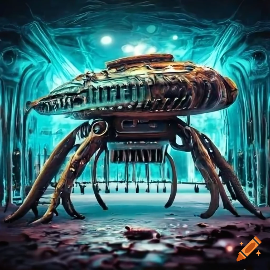 Surreal artwork of alien machines and spaceship on Craiyon