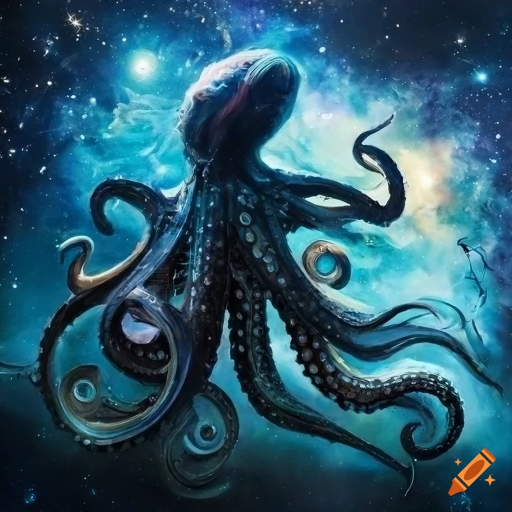 Fantasy 3d artwork of an octopus in a galactic setting