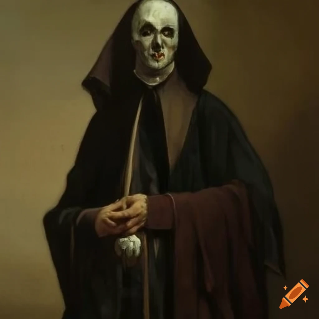 Dark painting of a priest in 1700s clothing standing on Craiyon