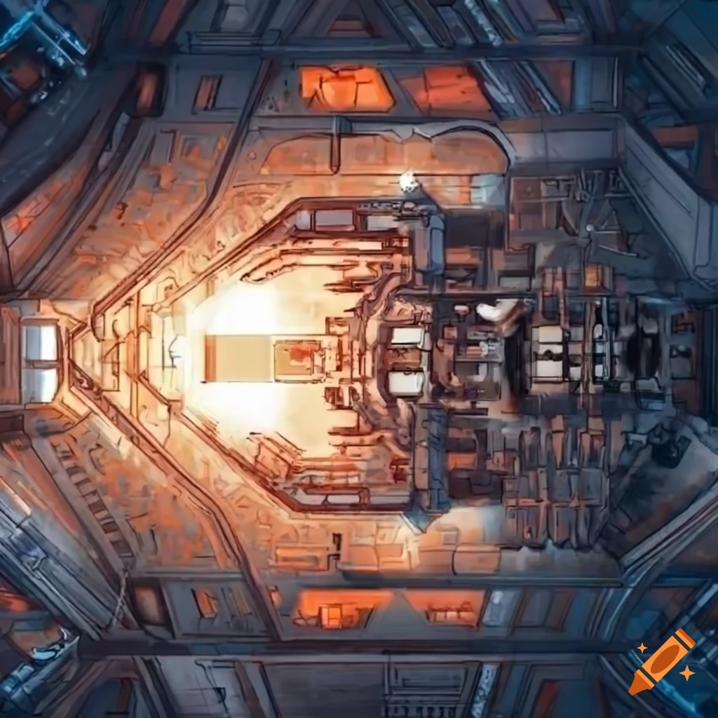 Top-down view of a spaceship hangar on Craiyon