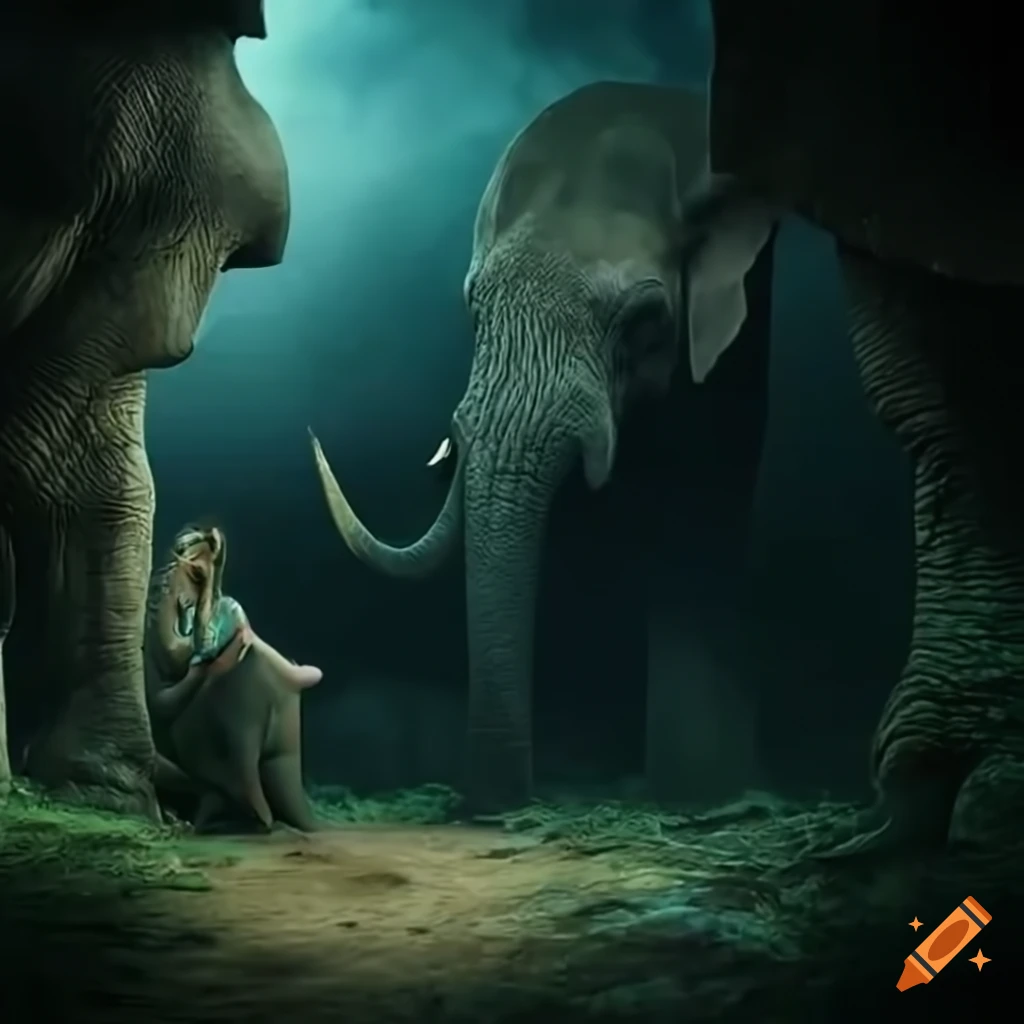 Red haired woman walking with baby elephant in the jungle under a full ...