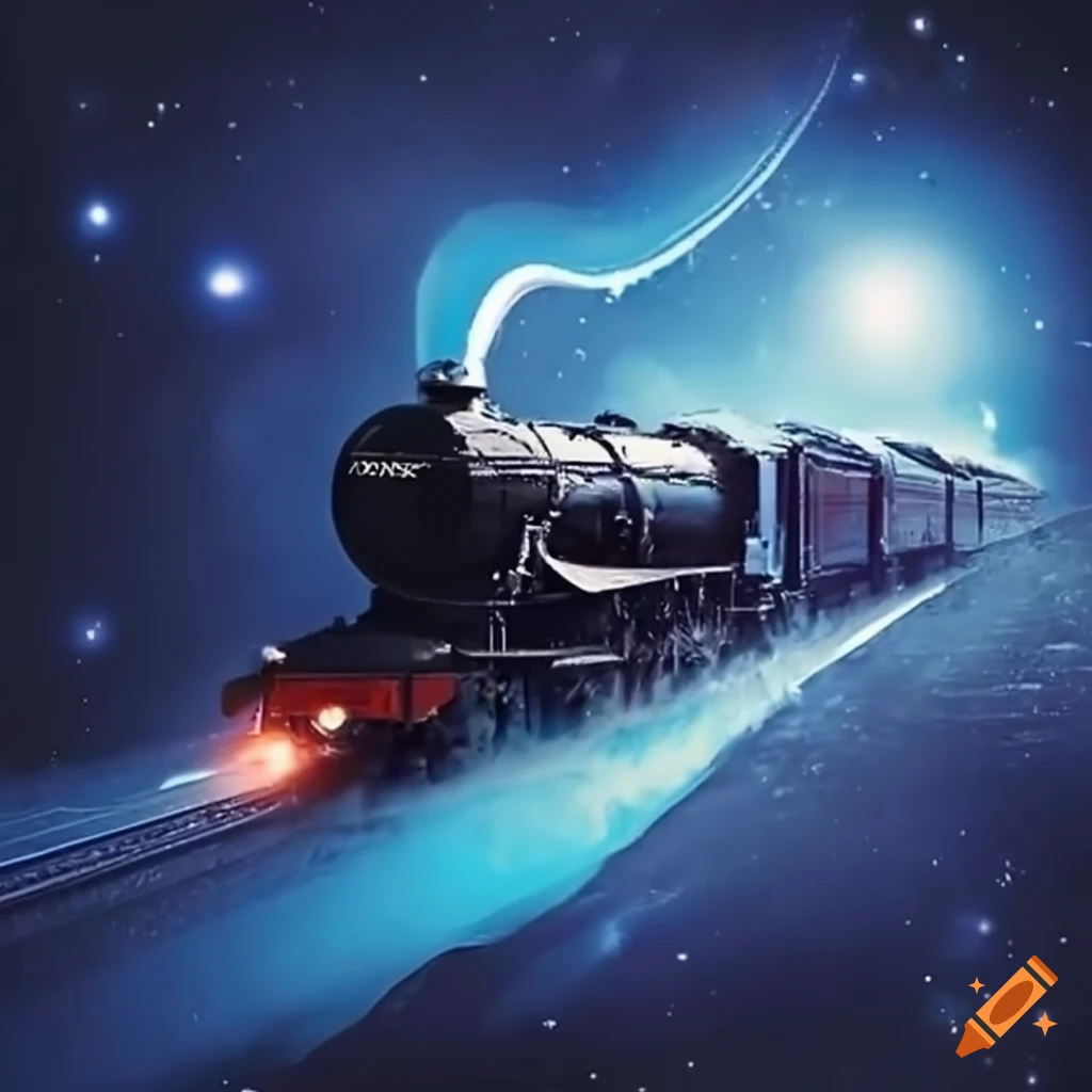 Train in a purple sky with a lemon sun on an album cover on Craiyon