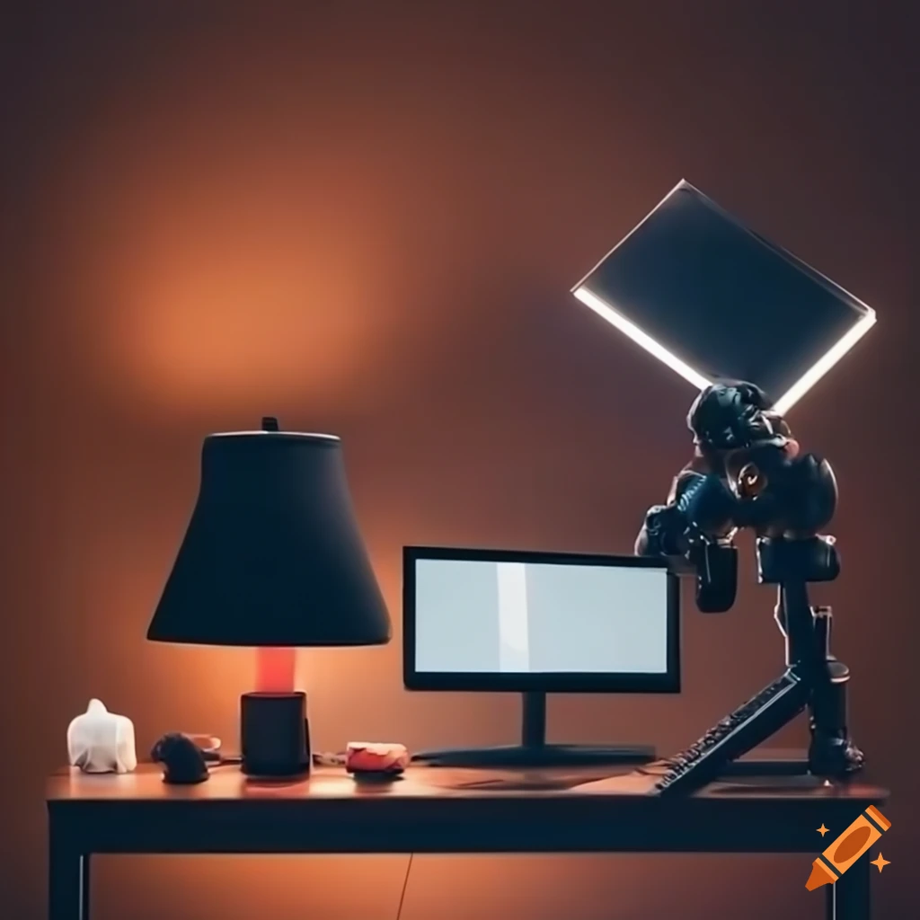 Professional vlog studio with dim lit background and bookshelf on Craiyon