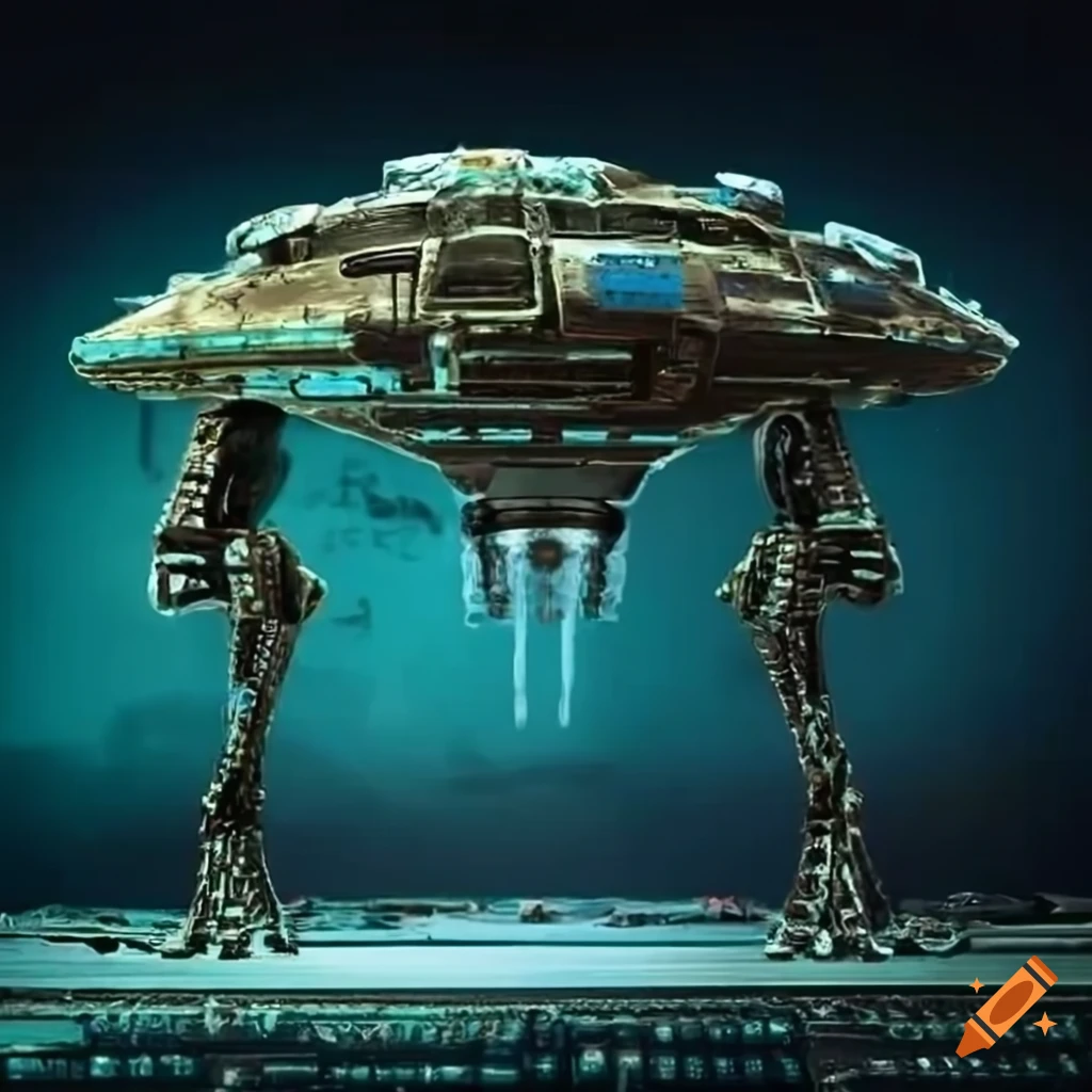 Surrealist artwork of alien machines in front of computer boards