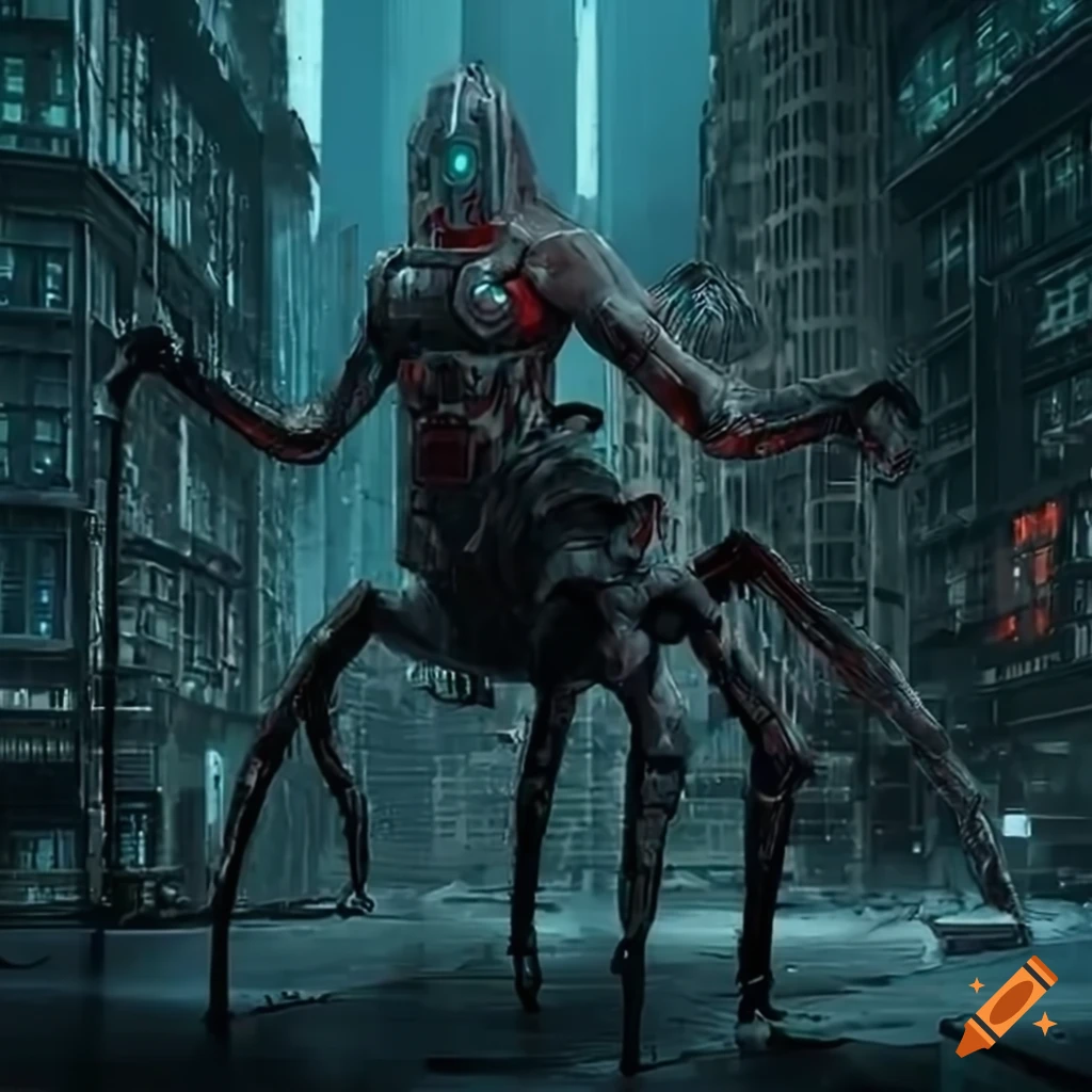 Cyberpunk city with spider-legged cyborgs on Craiyon
