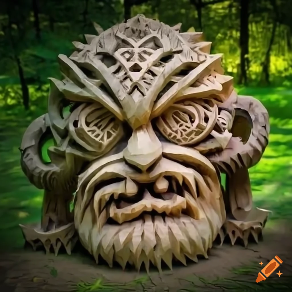 Intricate carving of a zelda game boss in a labyrinth garden on Craiyon