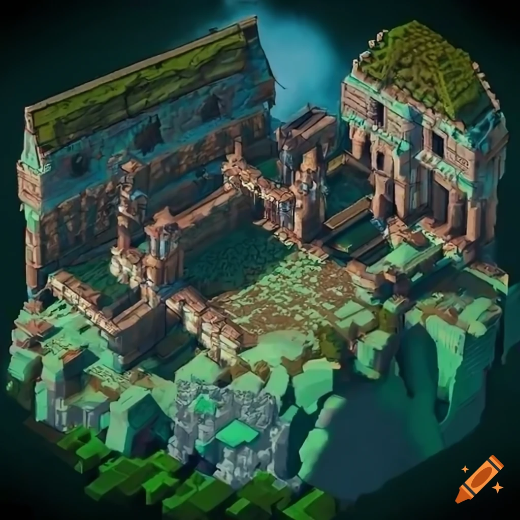 Intricate isometric concept art of a dark outdoor scene on Craiyon