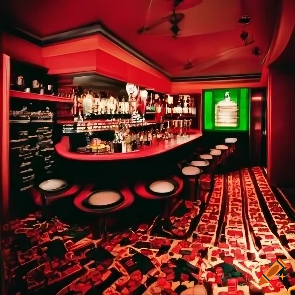 Interior of a casino with a stage and bar counter on Craiyon