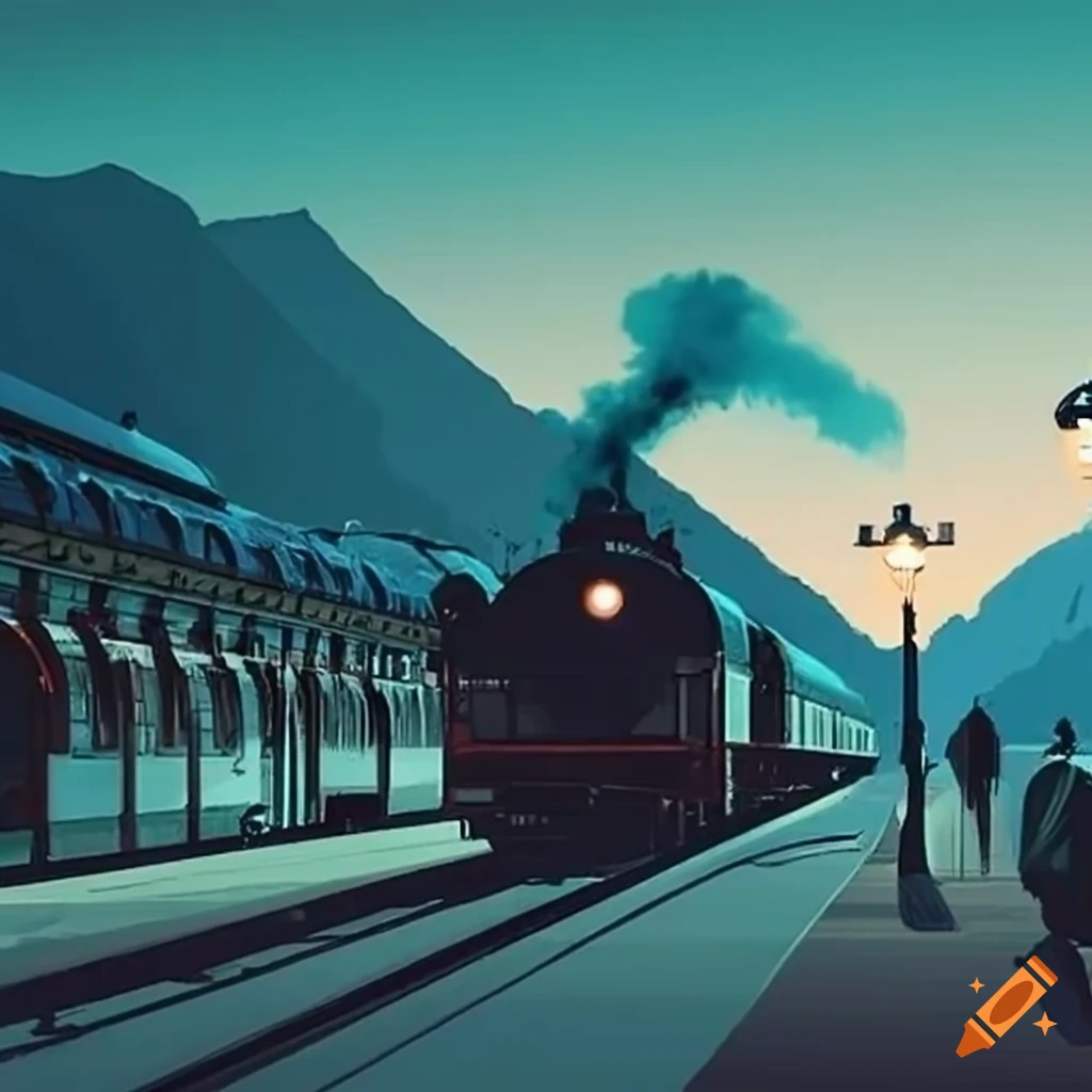 Drawing of a belgian steam train in 1920s winter landscape on Craiyon