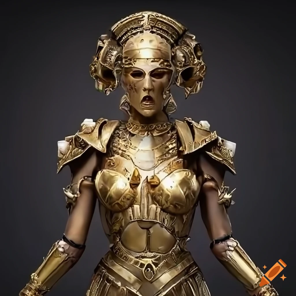 Marble statue of a woman in golden armor on Craiyon