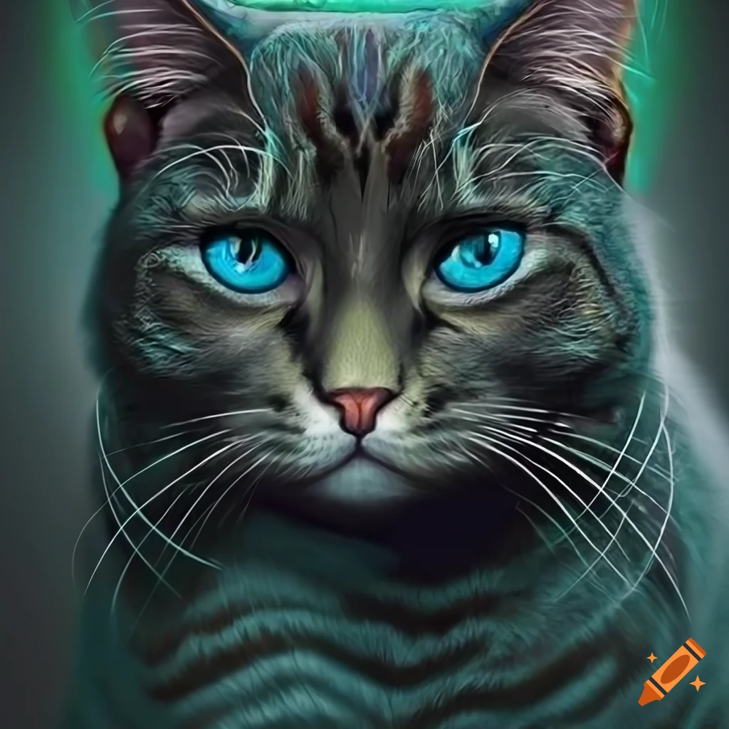 Digital art of a cat with captivating blue-green eyes on Craiyon