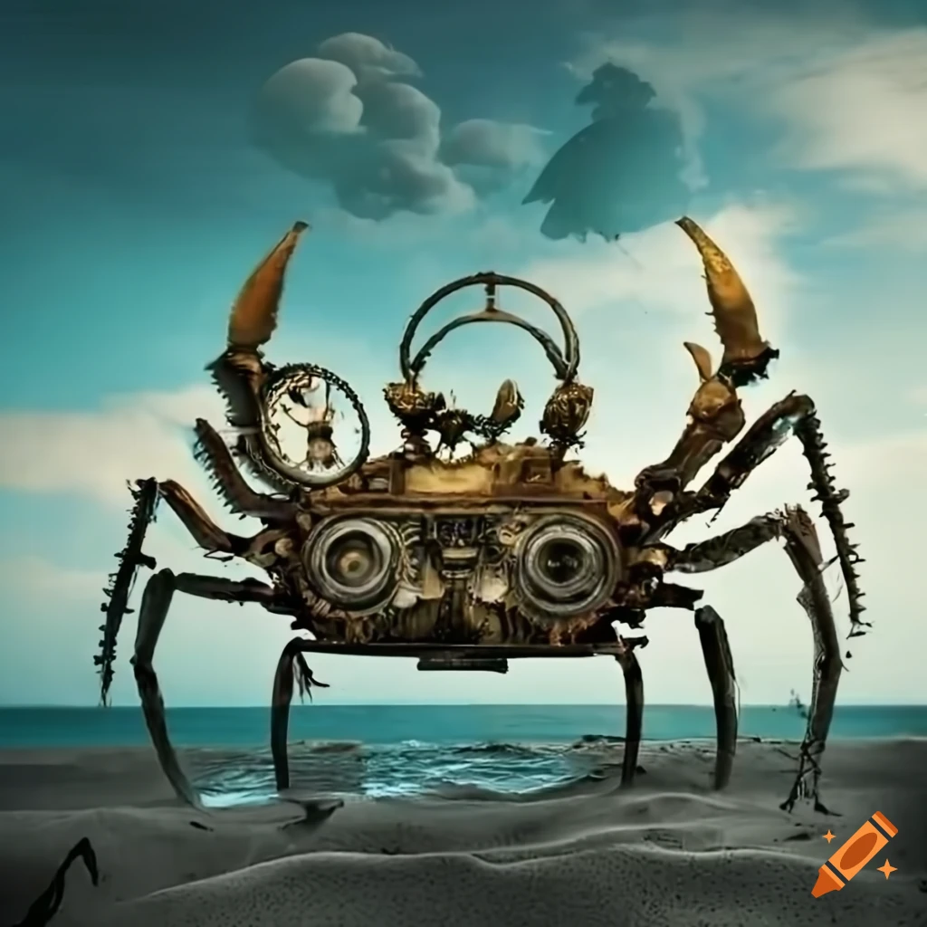 Steampunk machines with television screens on a beach surrounded by ...
