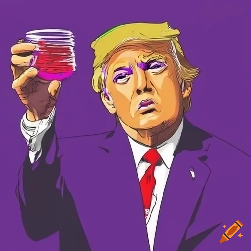 Satirical image of Donald Trump with purple drink on Craiyon