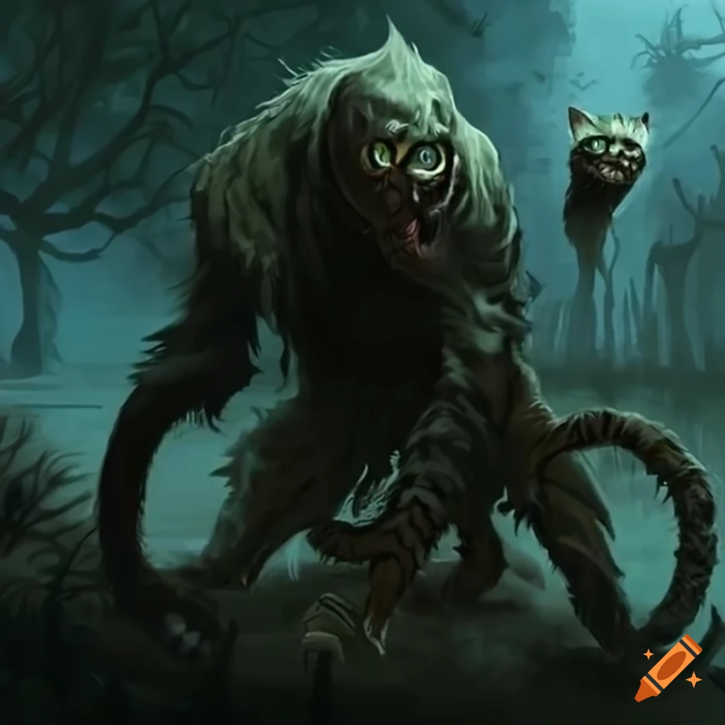 Dark field with a zombie herald horror of cats on Craiyon