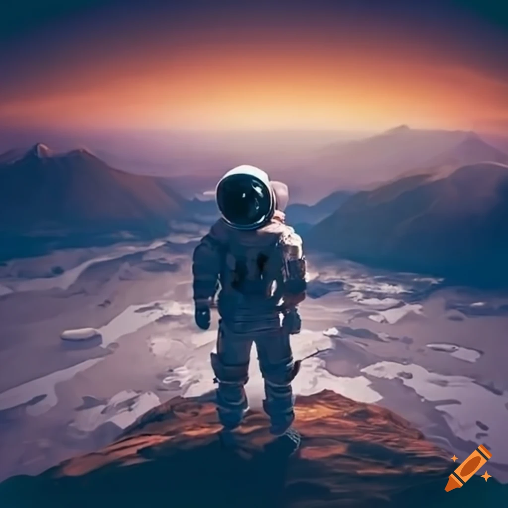 Astronaut looking over a valley in space on Craiyon