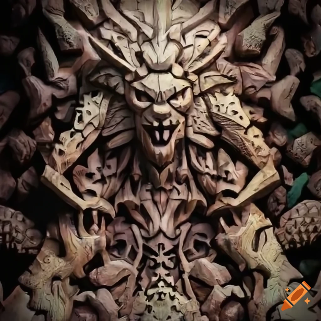 Intricate carving of a zelda game boss in a labyrinth garden on Craiyon