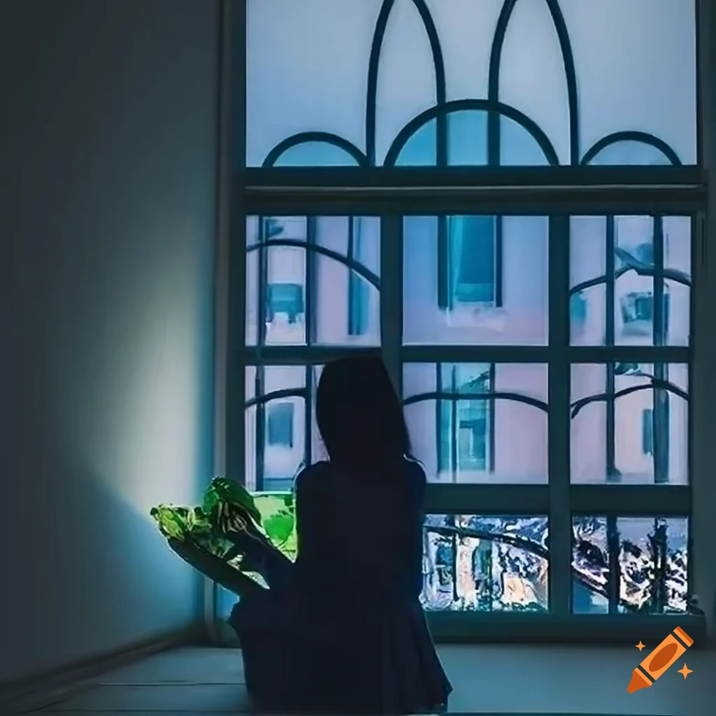 Asian woman observing artwork at twilight on Craiyon