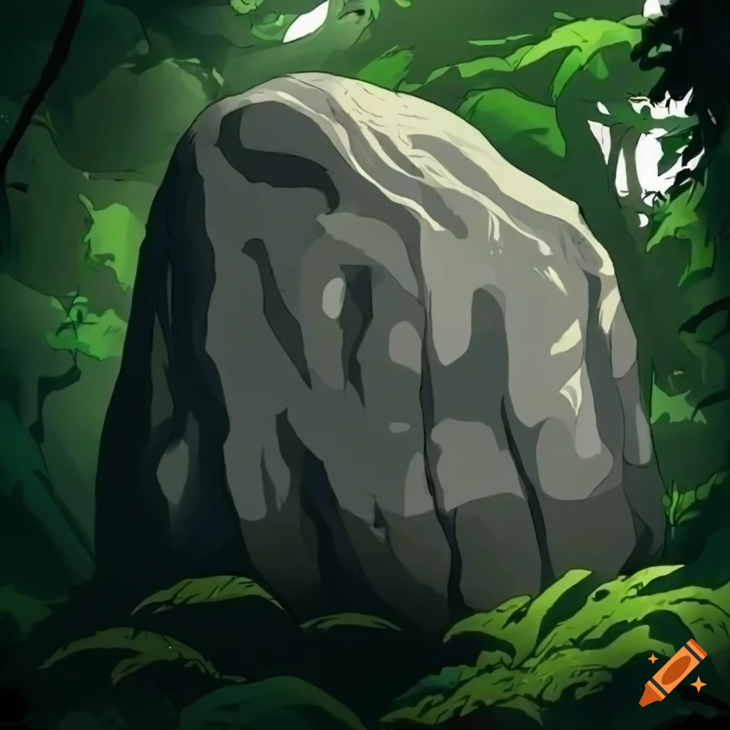 Manga style jungle with a large gray rock on Craiyon